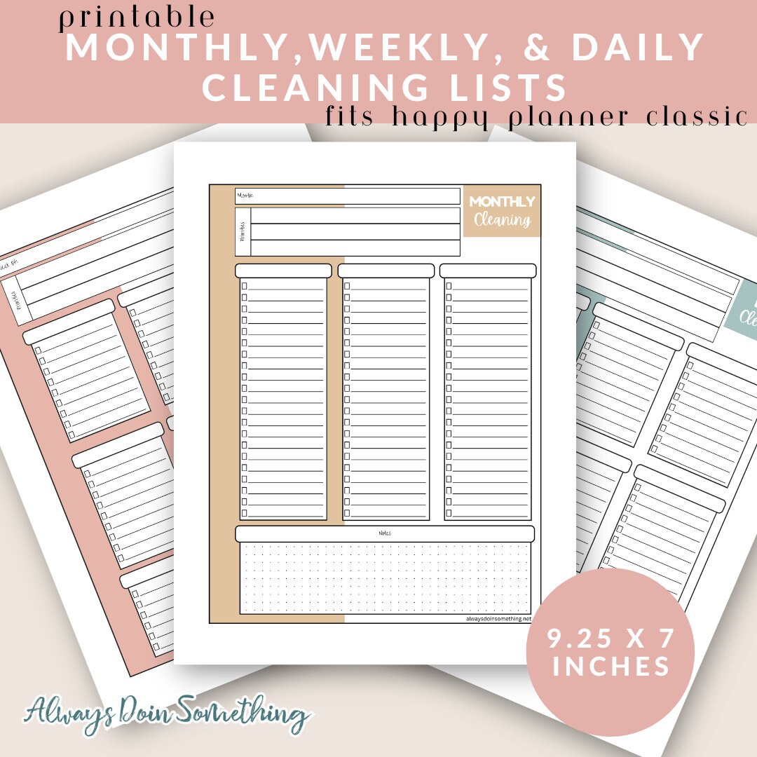 Printable Monthly, Weekly, & Daily Cleaning List Templates for Happy ...