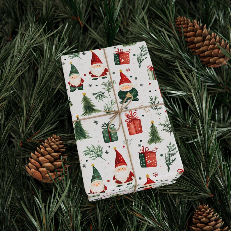 Gnome Christmas Wrapping Papers, Retro Christmas Gift Wrap, Gnome ...