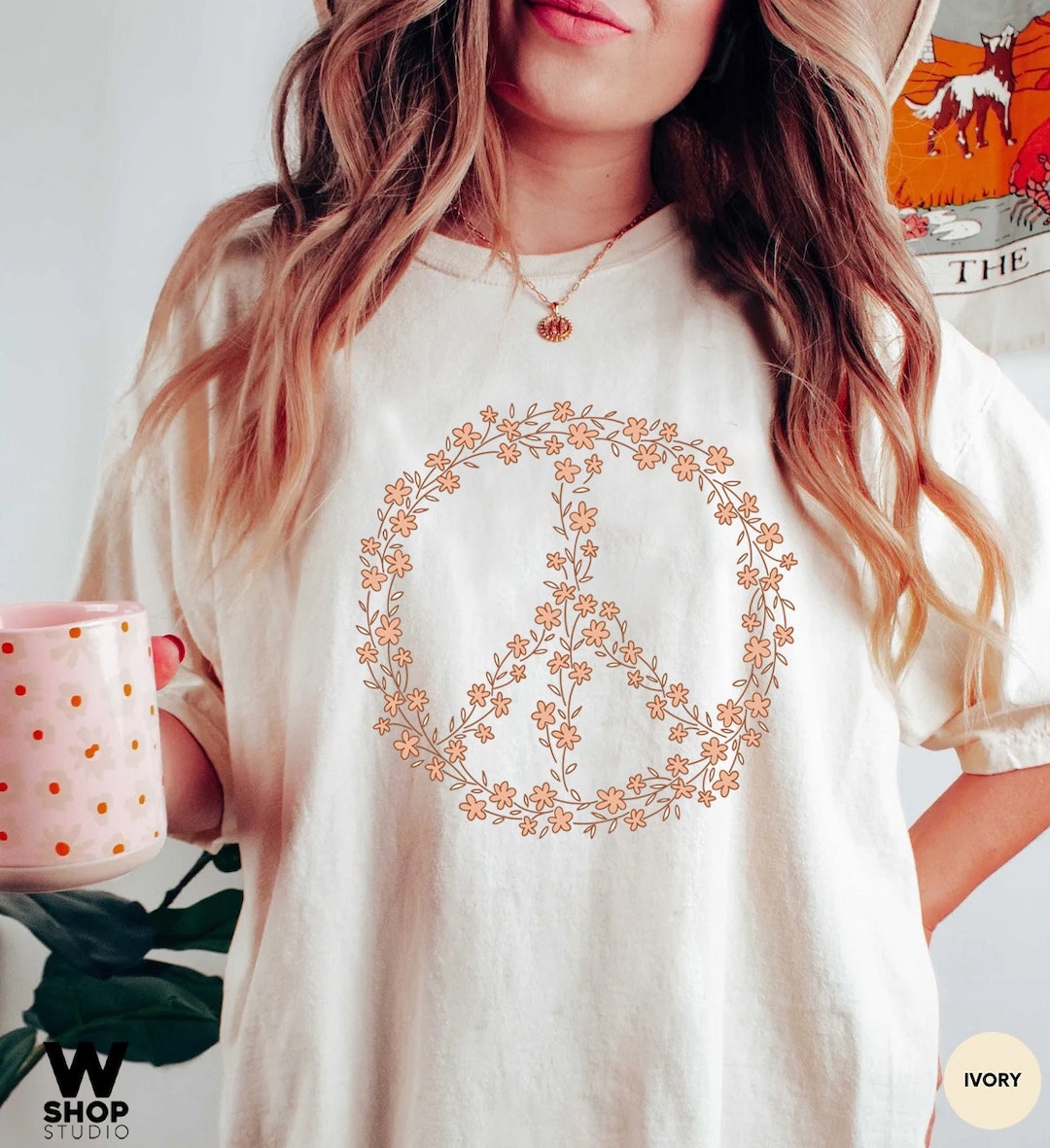 Hippie Peace Sign Shirt, Boho Peace Oversized Tee, Floral Peace Symbol ...