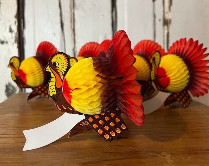 Honeycomb Turkey Place Cards, Vintage Tablescape Decor, Paper Turkeys W ...