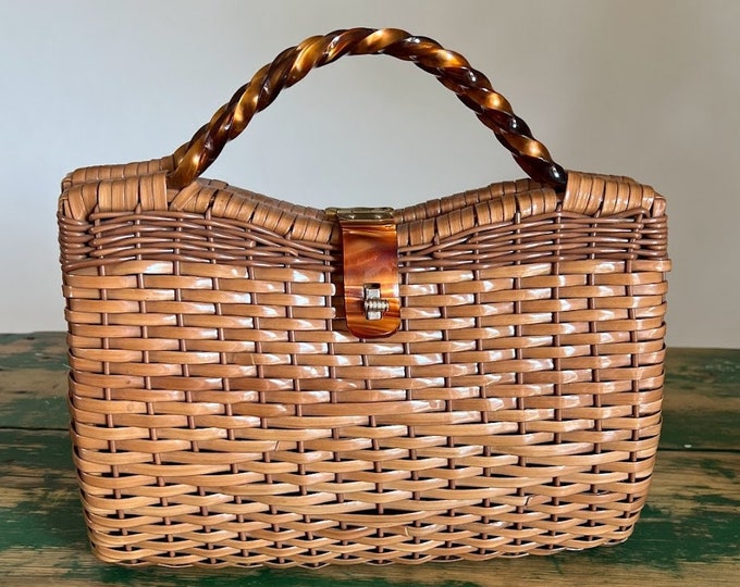 1950s Hong Kong Woven Plastic Purse W/ Lucite Handles & Buckle, Vintage ...