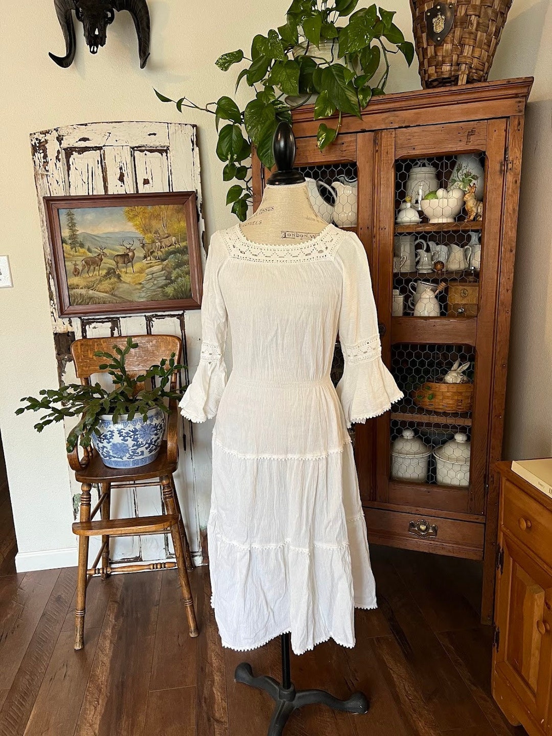 70s White Dress Made in Greece by Greeka, Sheer Coverup W/ Lace, Modest ...