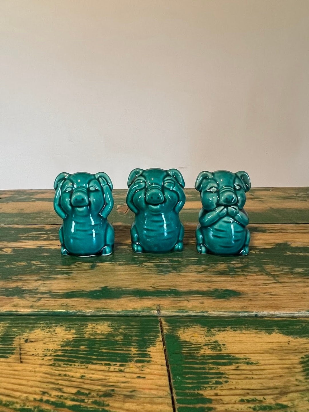 Hear No Evil See No Evil Speak No Evil Ceramic Teal Glazed Pigs, Set of ...