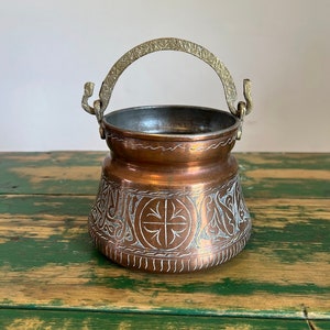 Turkish Engraved Copper Bucket W/ Brass Handle, Vintage Home Decor, for ...