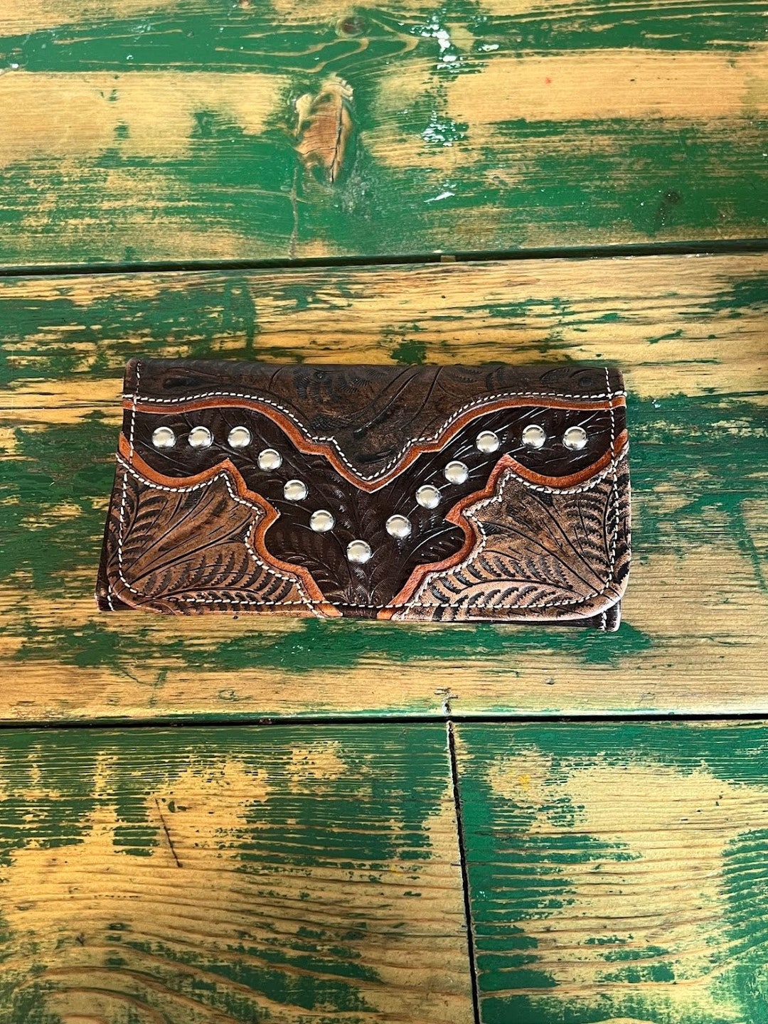 American West Leather & Metal Stud Western Wallet for Women, Trifold ...