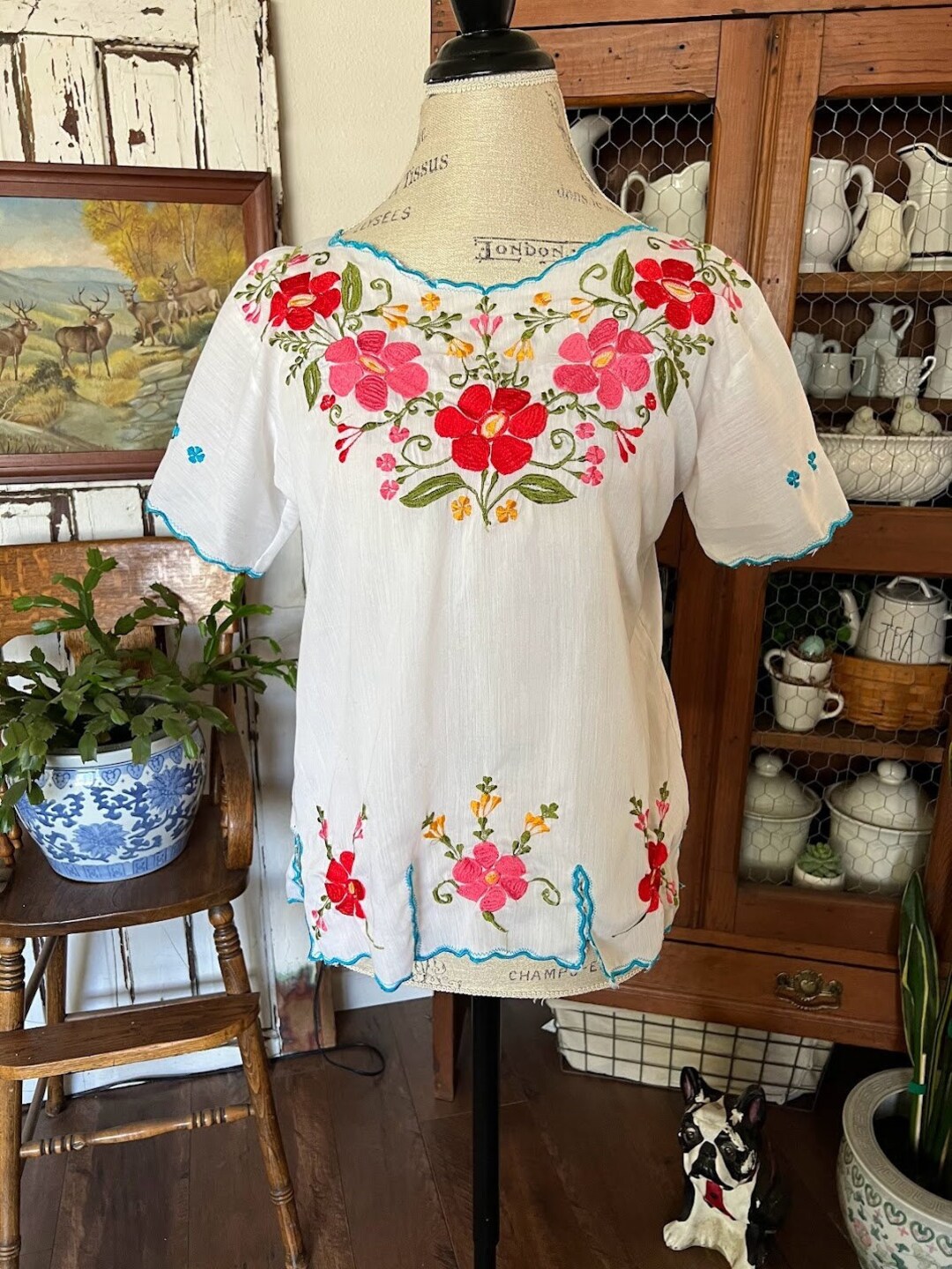 70s Amalin Mexican Embroidered Blouse, White W/ Colorful Flowers, Boho ...