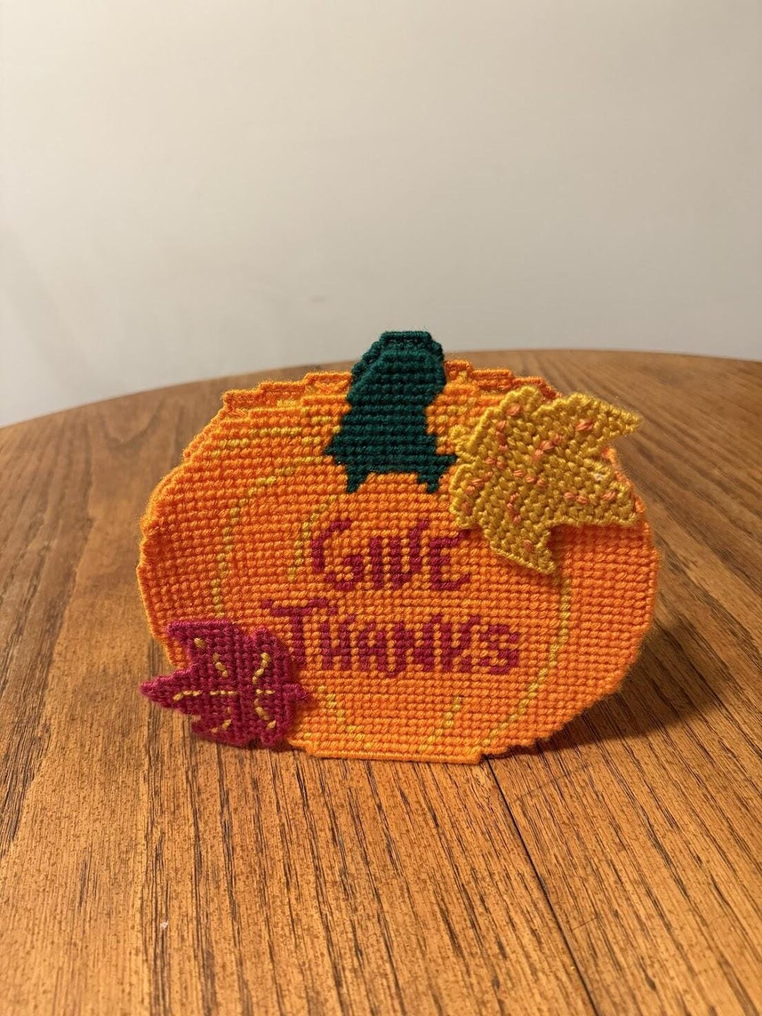 Needlepoint Thanksgiving Napkin Holder, "give Thanks" Pumpkin & Leaves ...