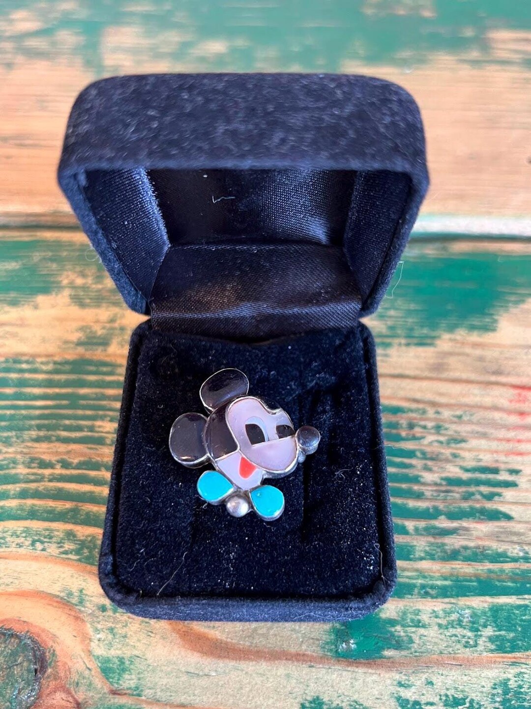 Zuni Mickey Mouse Ring, Inlay Stone & Silver, Onyx/mother of Pearl ...