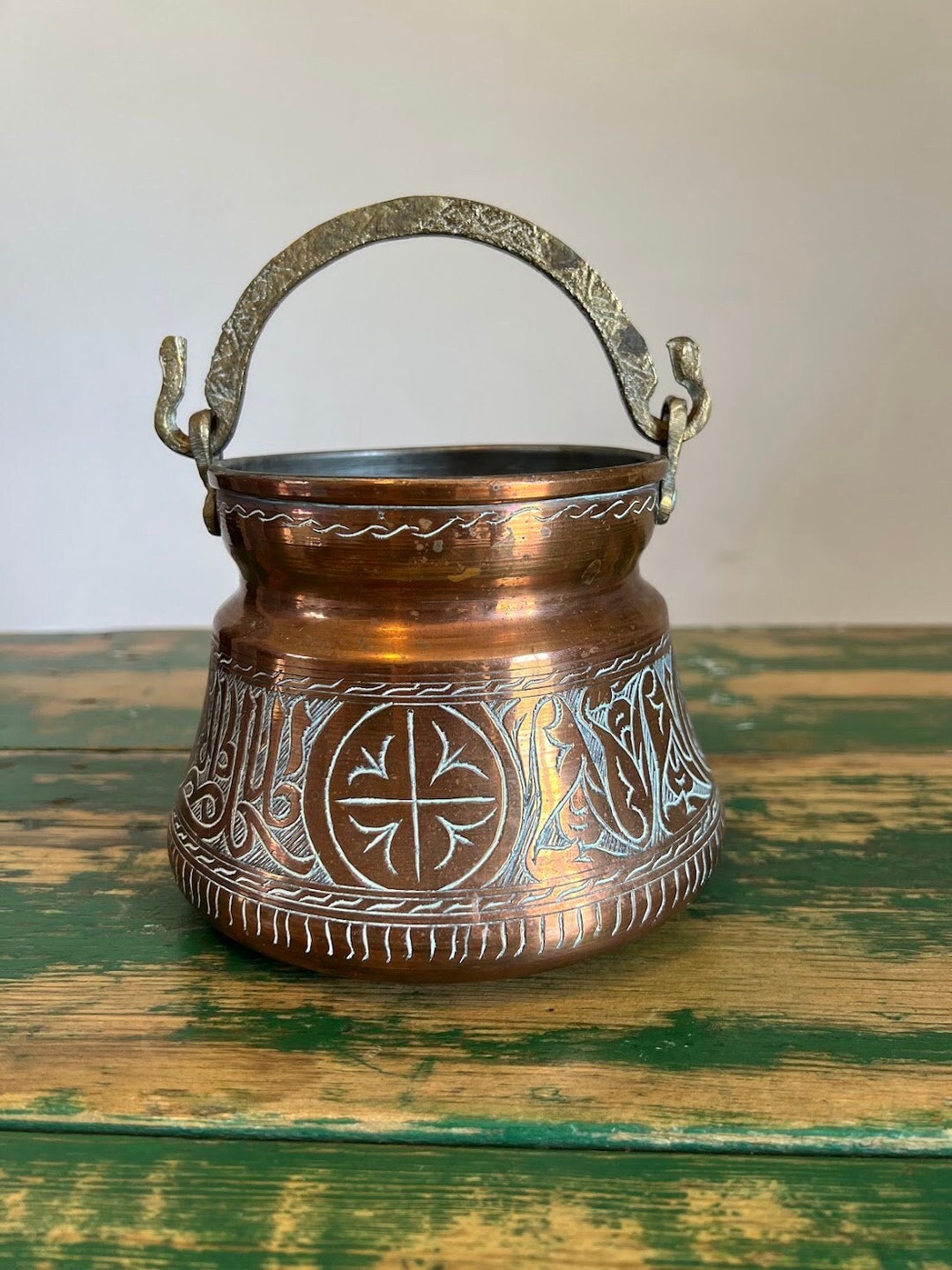 Turkish Engraved Copper Bucket W/ Brass Handle, Vintage Home Decor, for ...