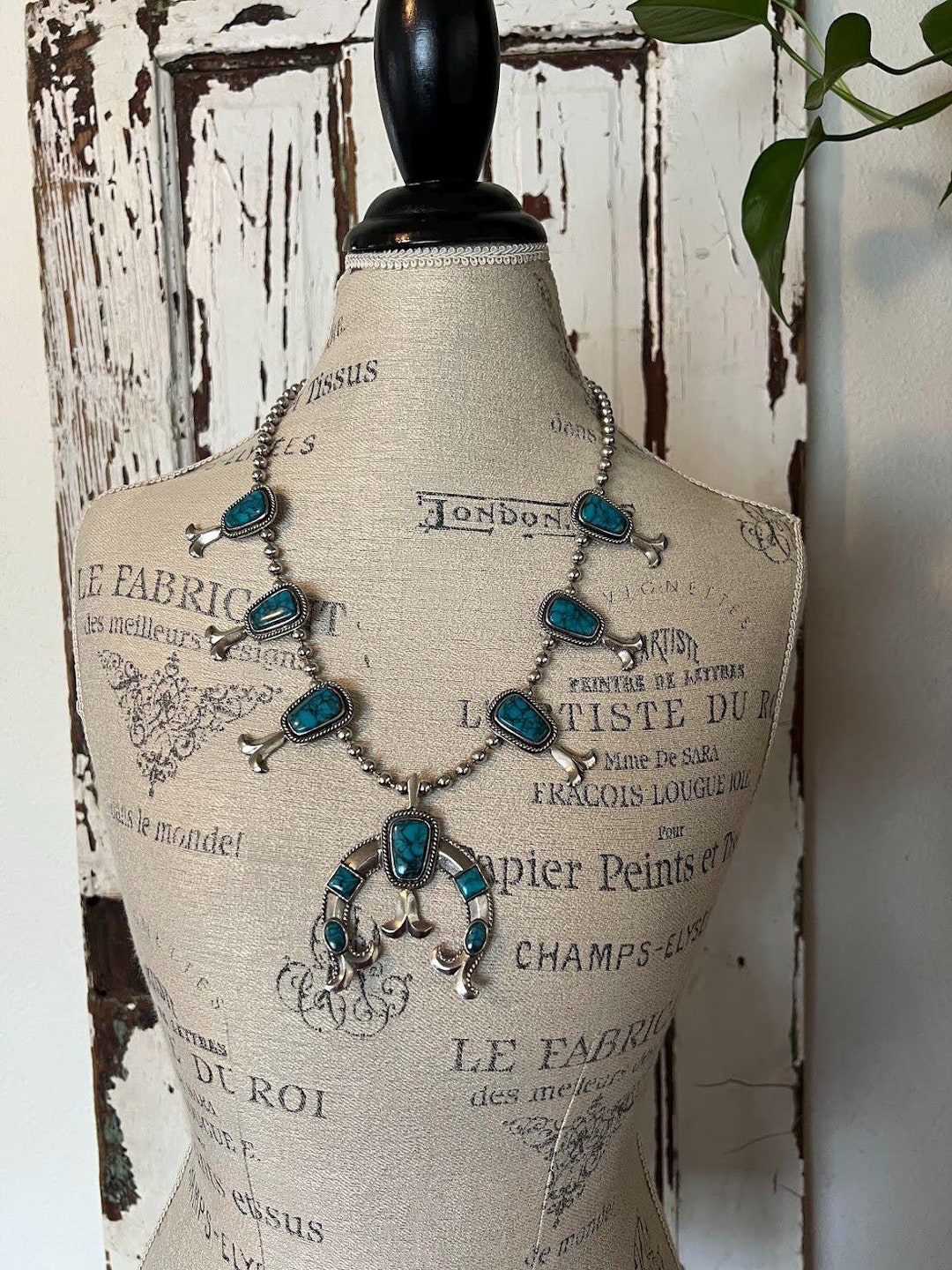 Faux Squash Blossom Costume Necklace, Silver-toned & Resin Turquoise ...
