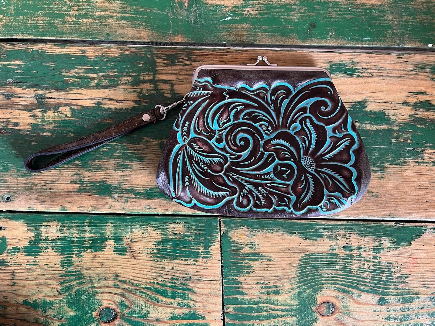 Patricia Nash Tooled Leather Clam Shell Wristlet Purse Wallet, Dark ...