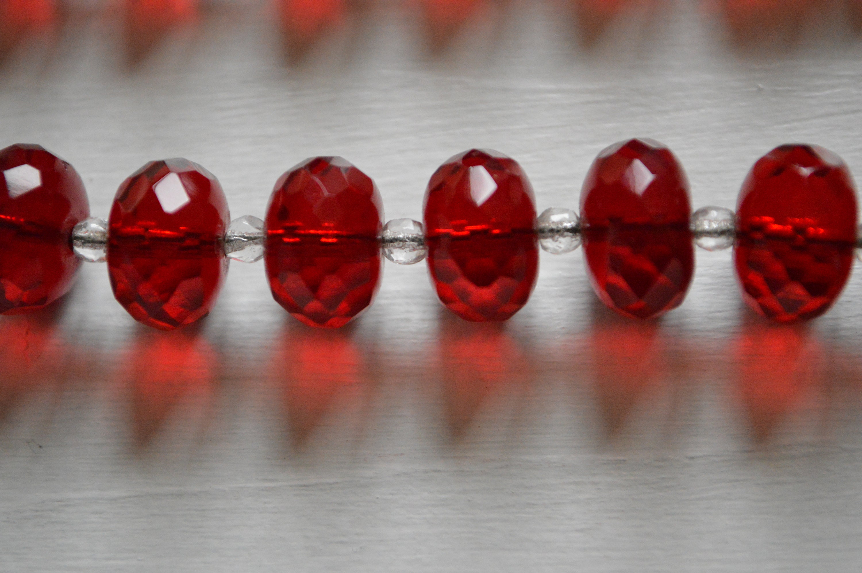 Vintage Red Glass and Clear Beads, Faceted Beads, Beaded Necklace ...