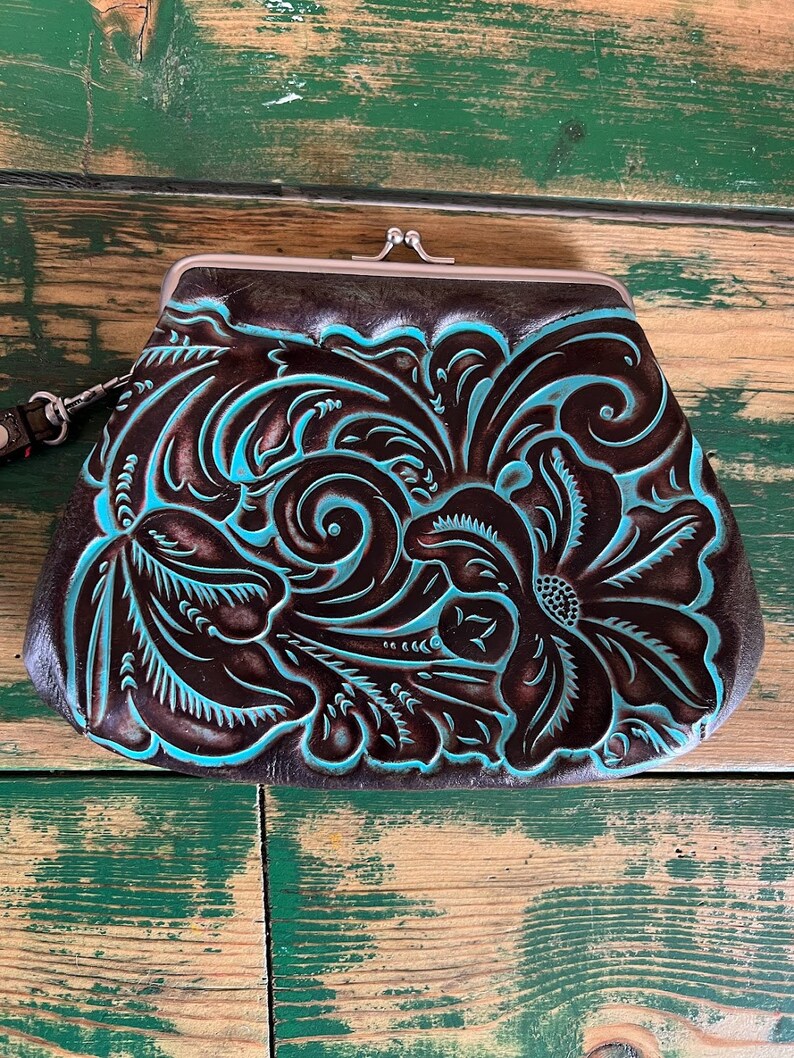 Patricia Nash Tooled Leather Clam Shell Wristlet Purse Wallet, Dark ...