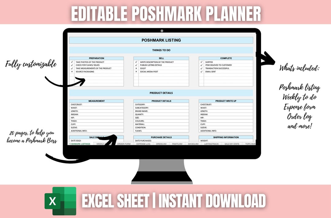 Poshmark Inventory Sheet Excel Spreadsheet Tracker for Sellers on ...