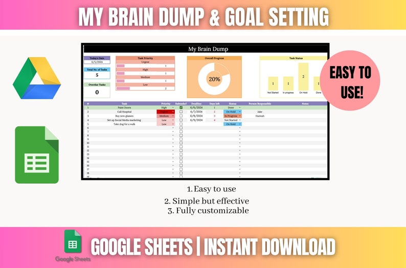 Daily Brain Dump Template Sheets Brain Dump Planner Spreadsheet for ...