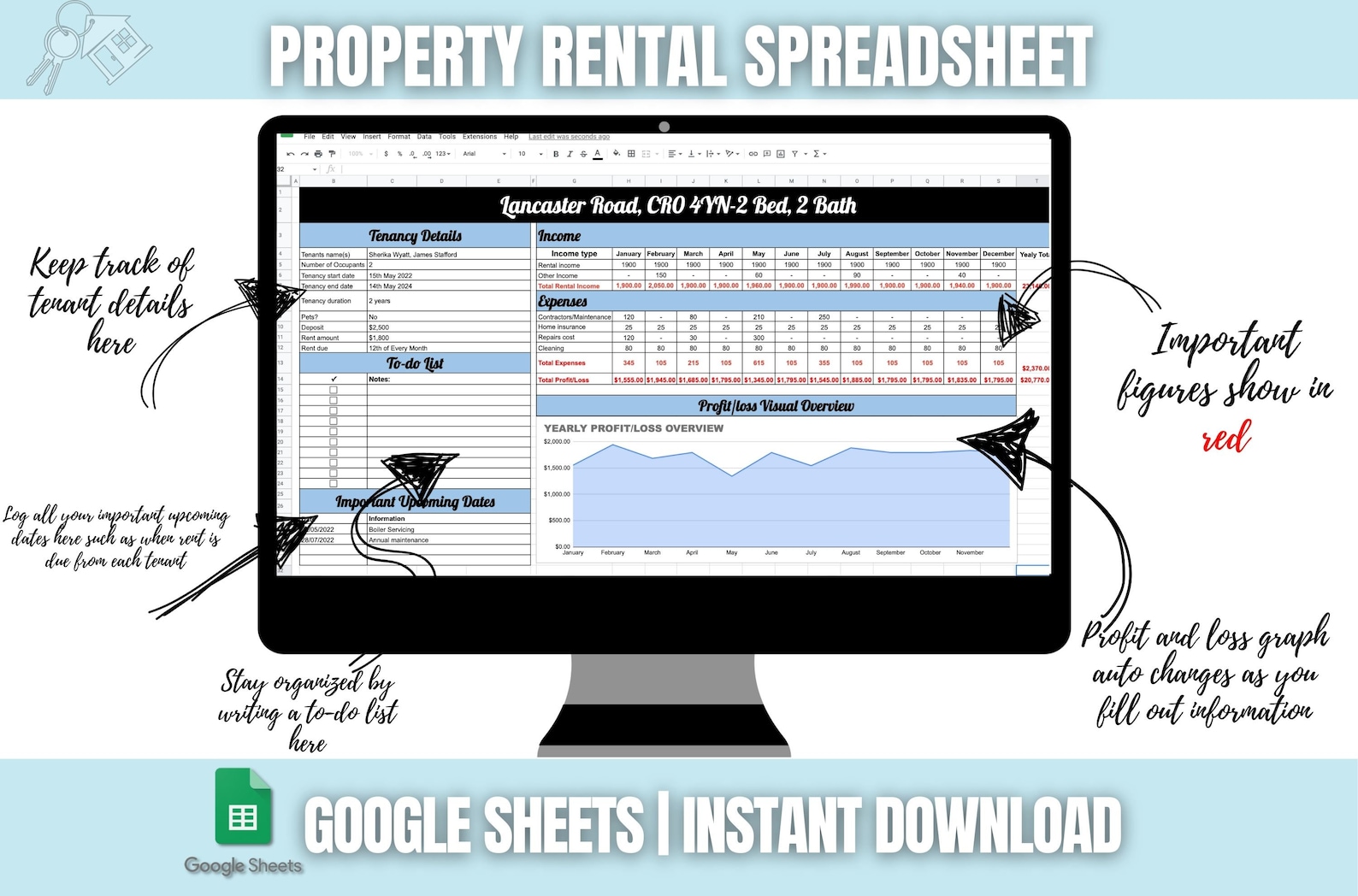 Property Rental Spreadsheet, Property Management Spreadsheet, Rental ...