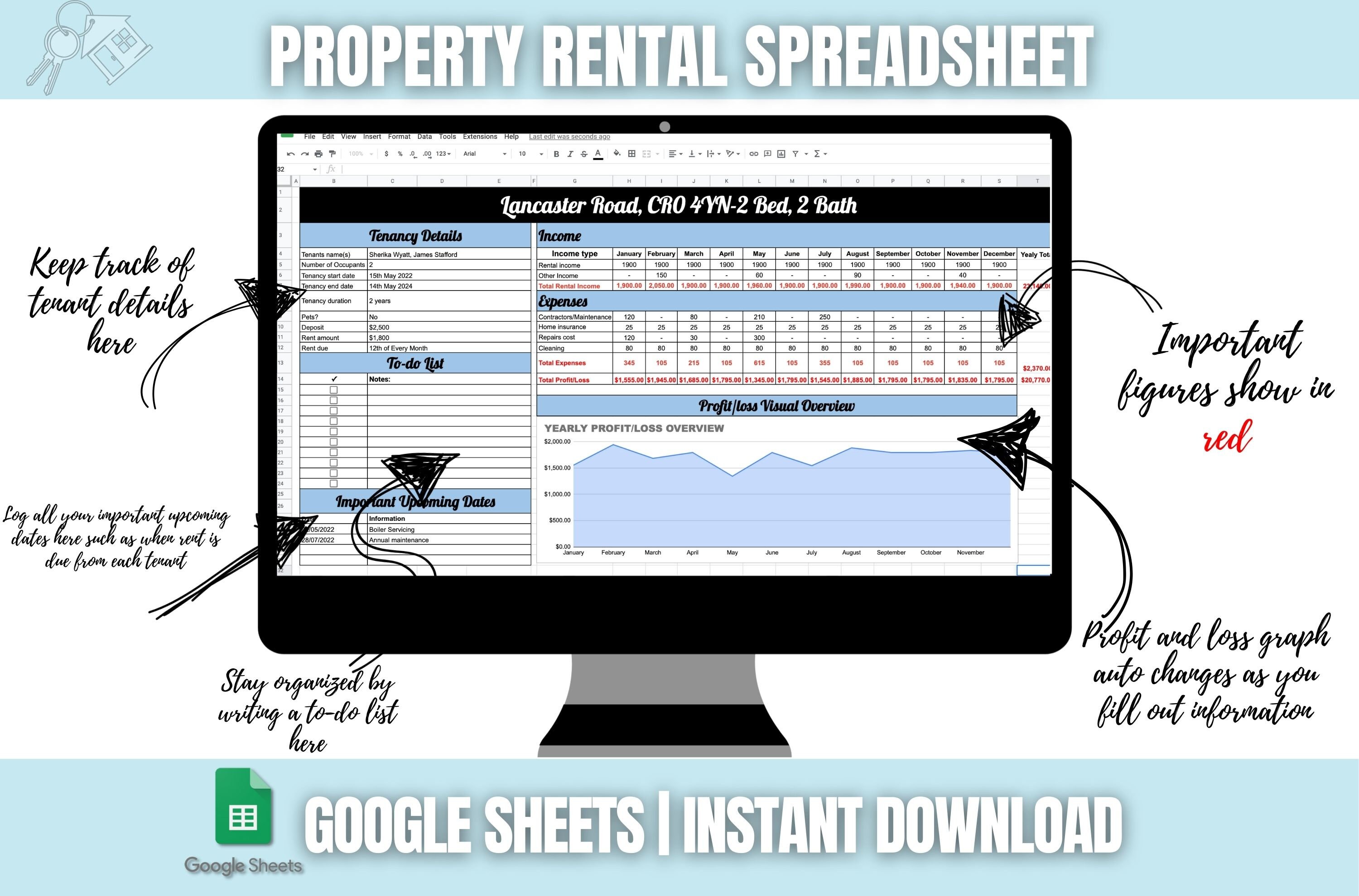 Property Rental Spreadsheet, Property Management Spreadsheet, Rental ...