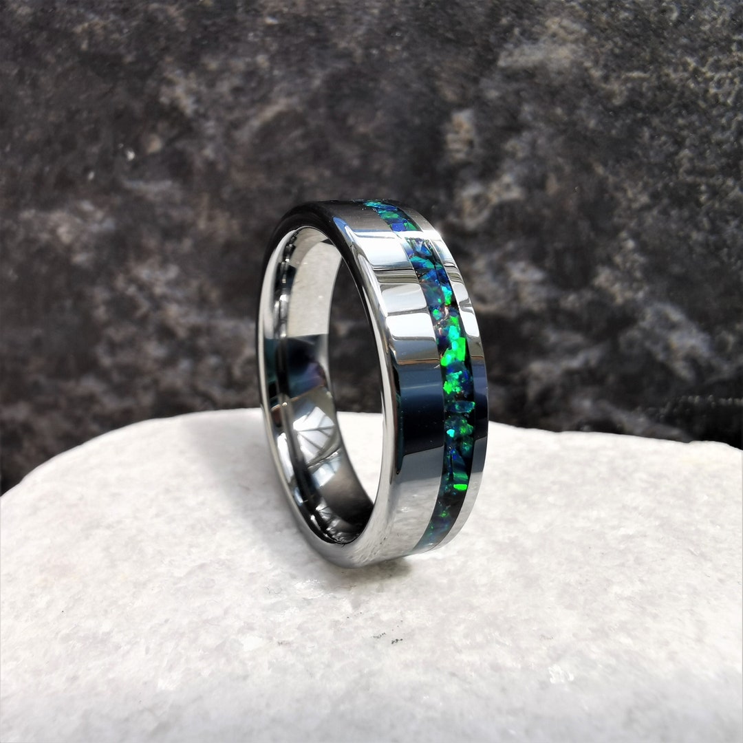 Tungsten Offset 6mm Channel Ring With Stunning Royal Peacock Opal Inlay ...