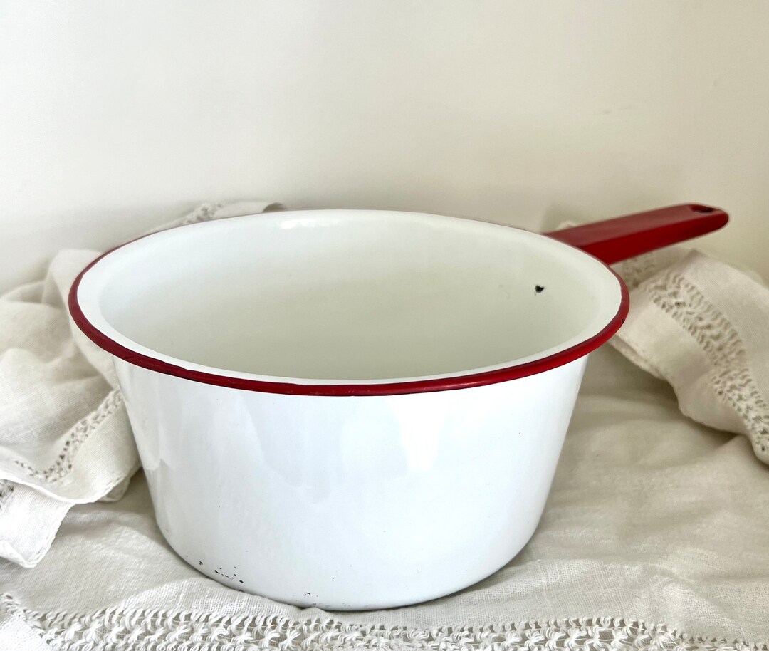 Vintage Large Enamelware Pan With Handle White and Red Farmhouse ...