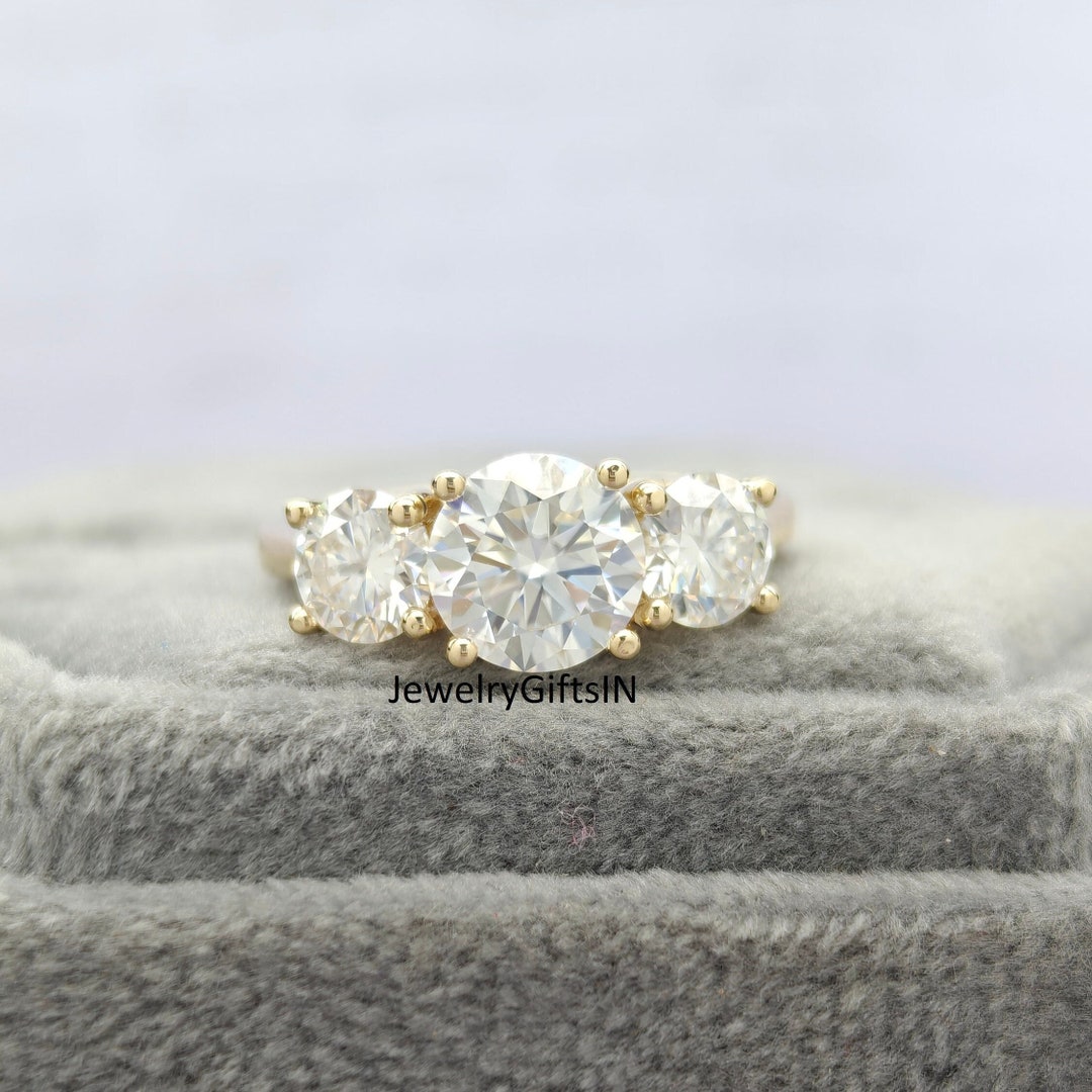 3 Stone Solid Yellow Gold Ring 2.30ct(7mm Center/side 5mm)brilliant Cut Moissanite Ring-silver ...