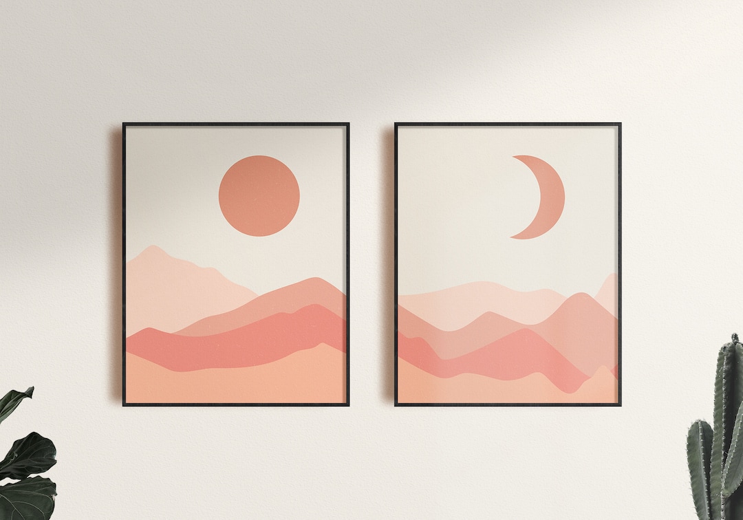 Set of 2 Prints, Sun Moon Art Print, Sun and Moon Abstract, Boho Art ...