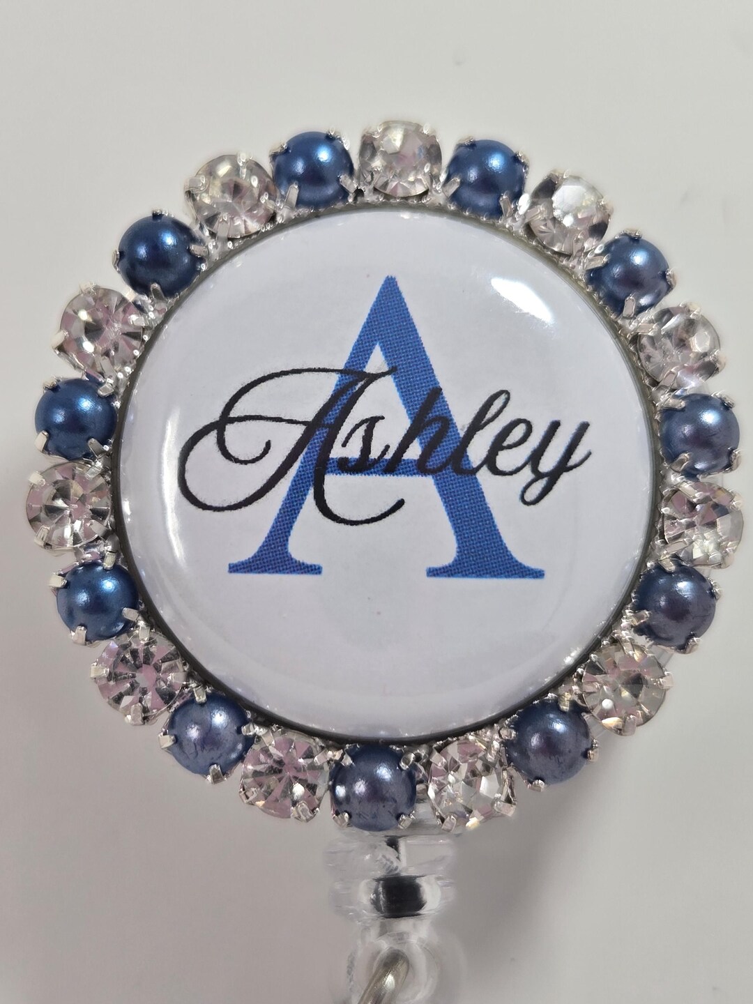 Personalized Blue Initial Badge Reel – Custom Name Rhinestone Nurse ID ...