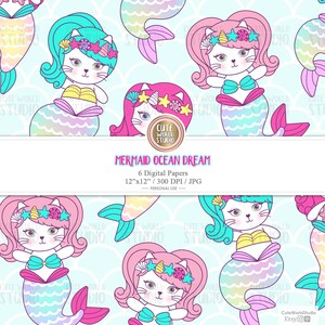 Kitty Cat Mermaid Ocean Dream Digital Paper and Clipart / Snail / Crab ...