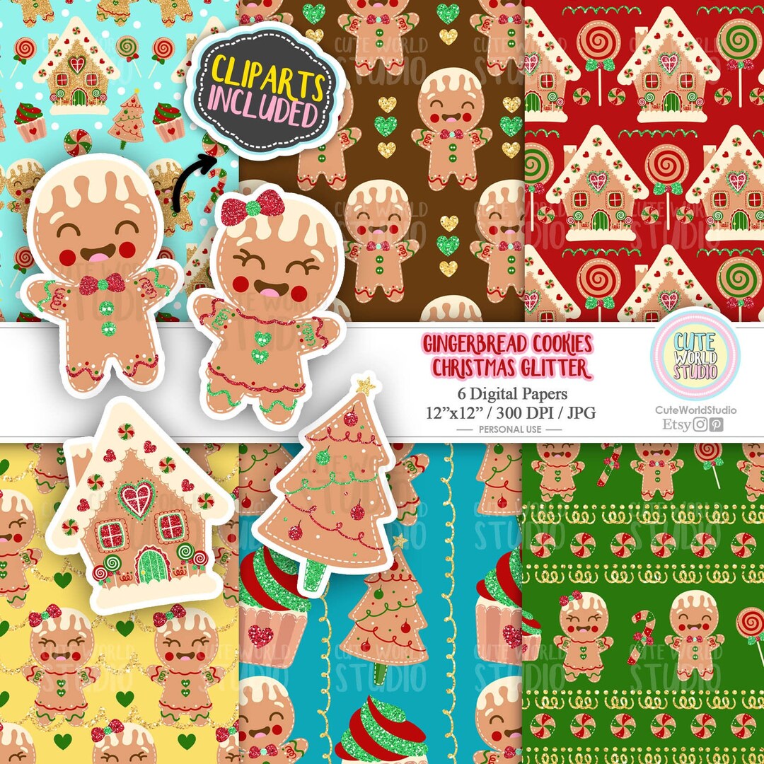 Gingerbread Cookies Christmas Glitter Digital Papers and Cliparts ...