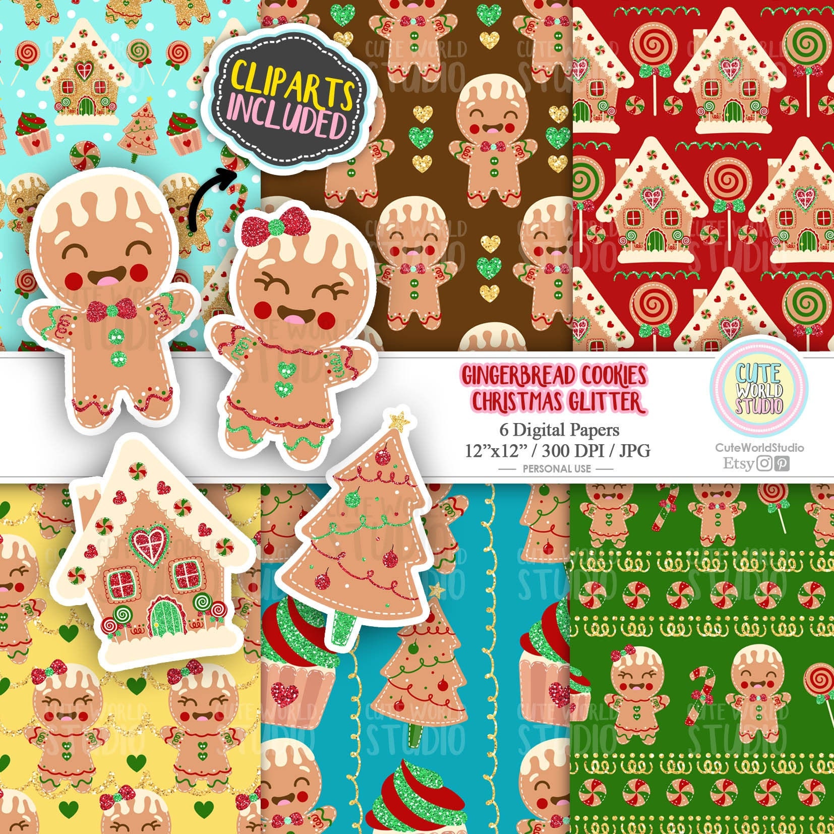 Gingerbread Cookies Christmas Glitter Digital Papers and | Etsy
