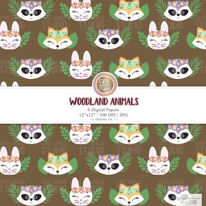 Woodland Animals Fox Raccoon Bunny Rabbit Digital Paper and Clipart ...
