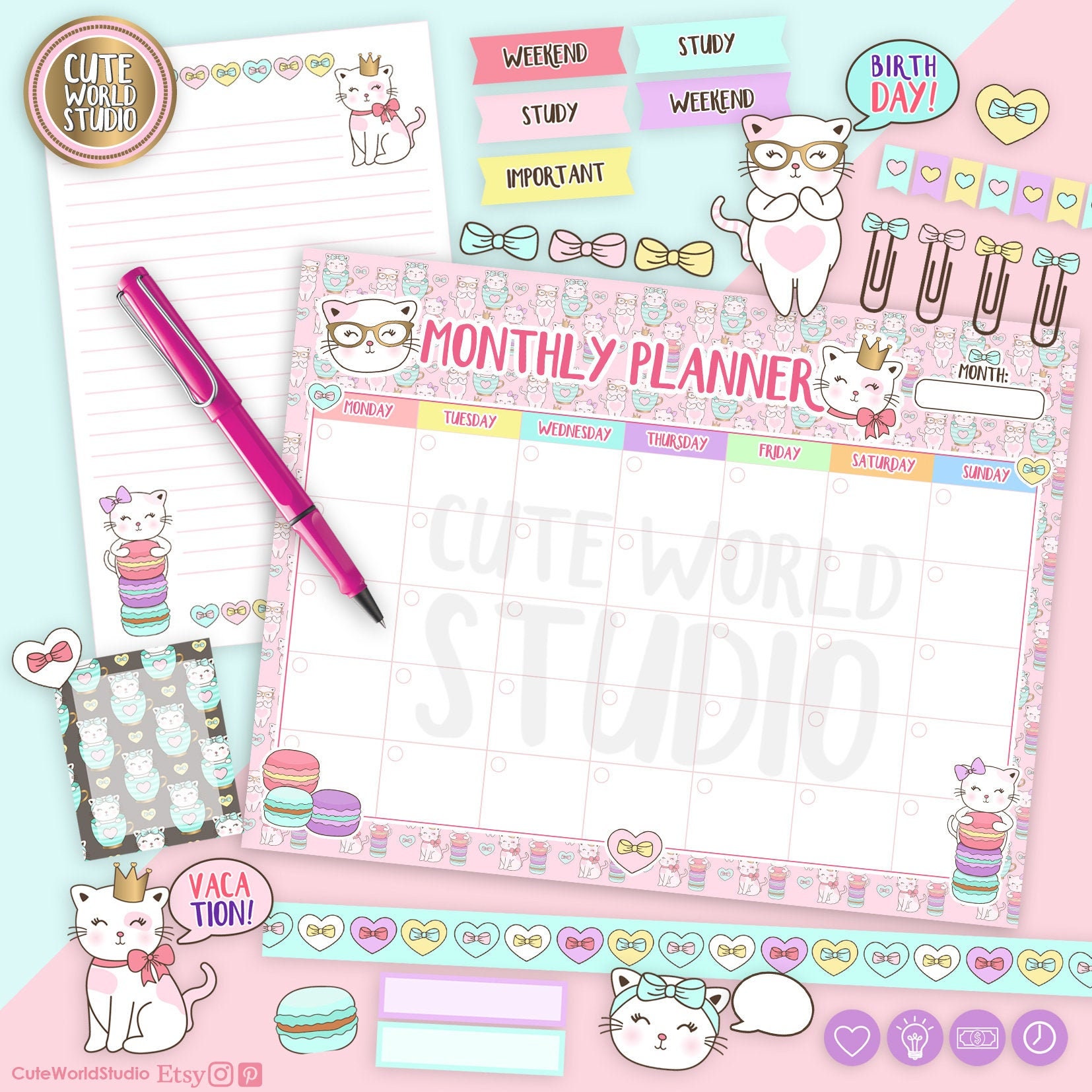 Kitty Cat Printable Planner Instant Download / Monthly Planner - Etsy