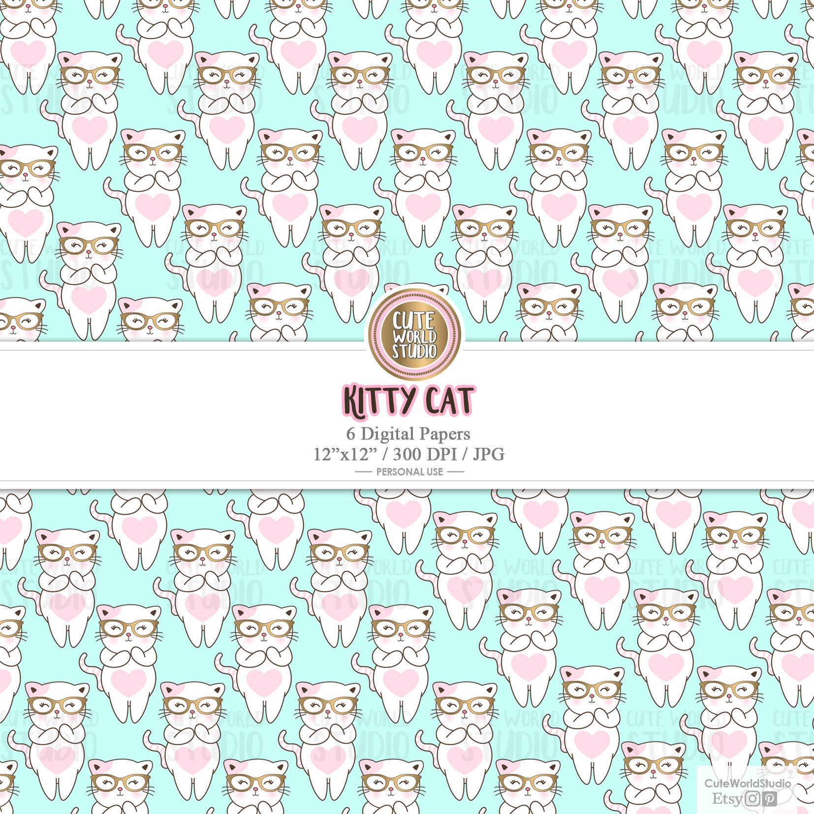 Kitty Cat Digital Paper and Clipart / Kitty Cat Glasses / - Etsy