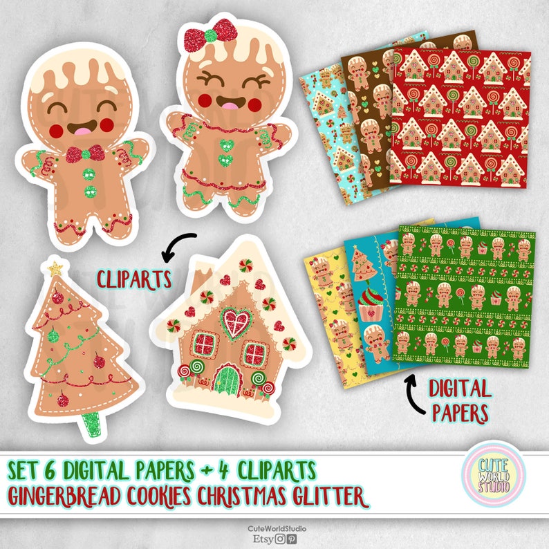 Gingerbread Cookies Christmas Glitter Digital Papers and - Etsy