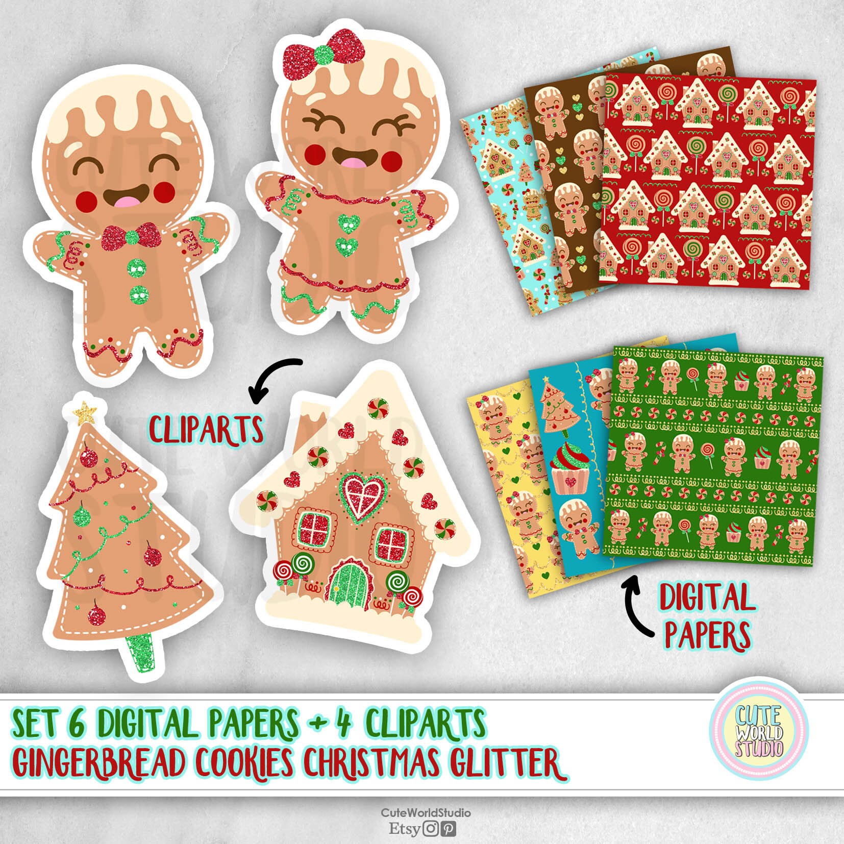 Gingerbread Cookies Christmas Glitter Digital Papers and | Etsy