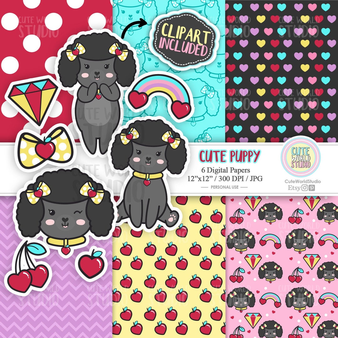 Cute Puppy Digital Papers and Clipart / Cute Poodle / Rainbow / Cherry ...