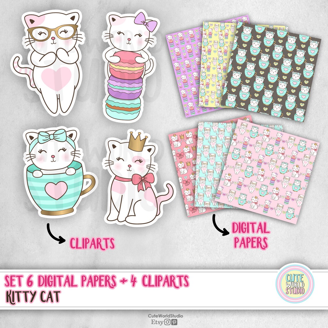 Kitty Cat Digital Paper and Clipart / Kitty Cat Glasses / - Etsy