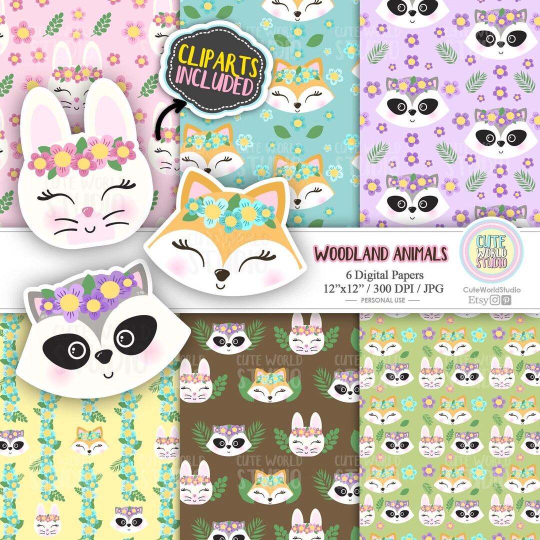 Woodland Animals Fox Raccoon Bunny Rabbit Digital Paper and Clipart ...