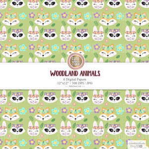 Woodland Animals Fox Raccoon Bunny Rabbit Digital Paper and Clipart ...