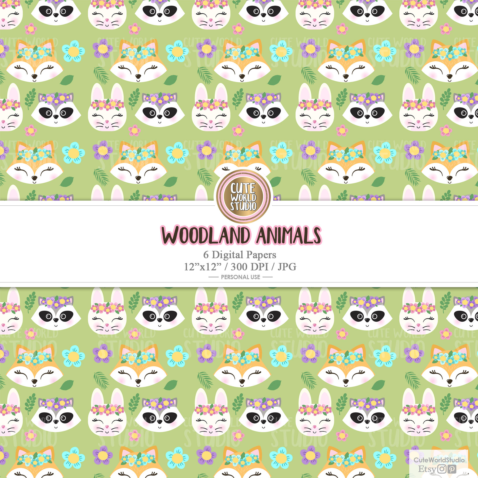 Woodland Animals Fox Raccoon Bunny Rabbit Digital Paper and | Etsy