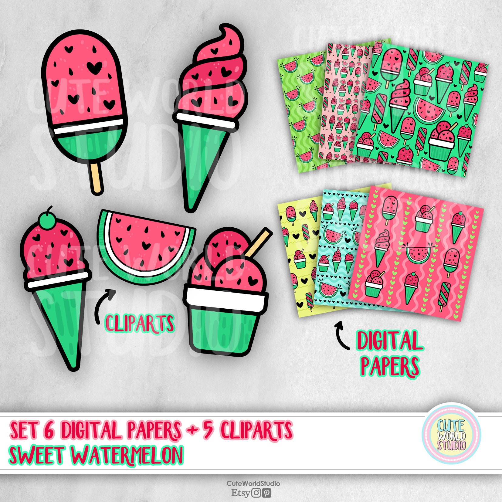 Sweet Watermelon Digital Paper and Clipart / Popsicle / Ice - Etsy