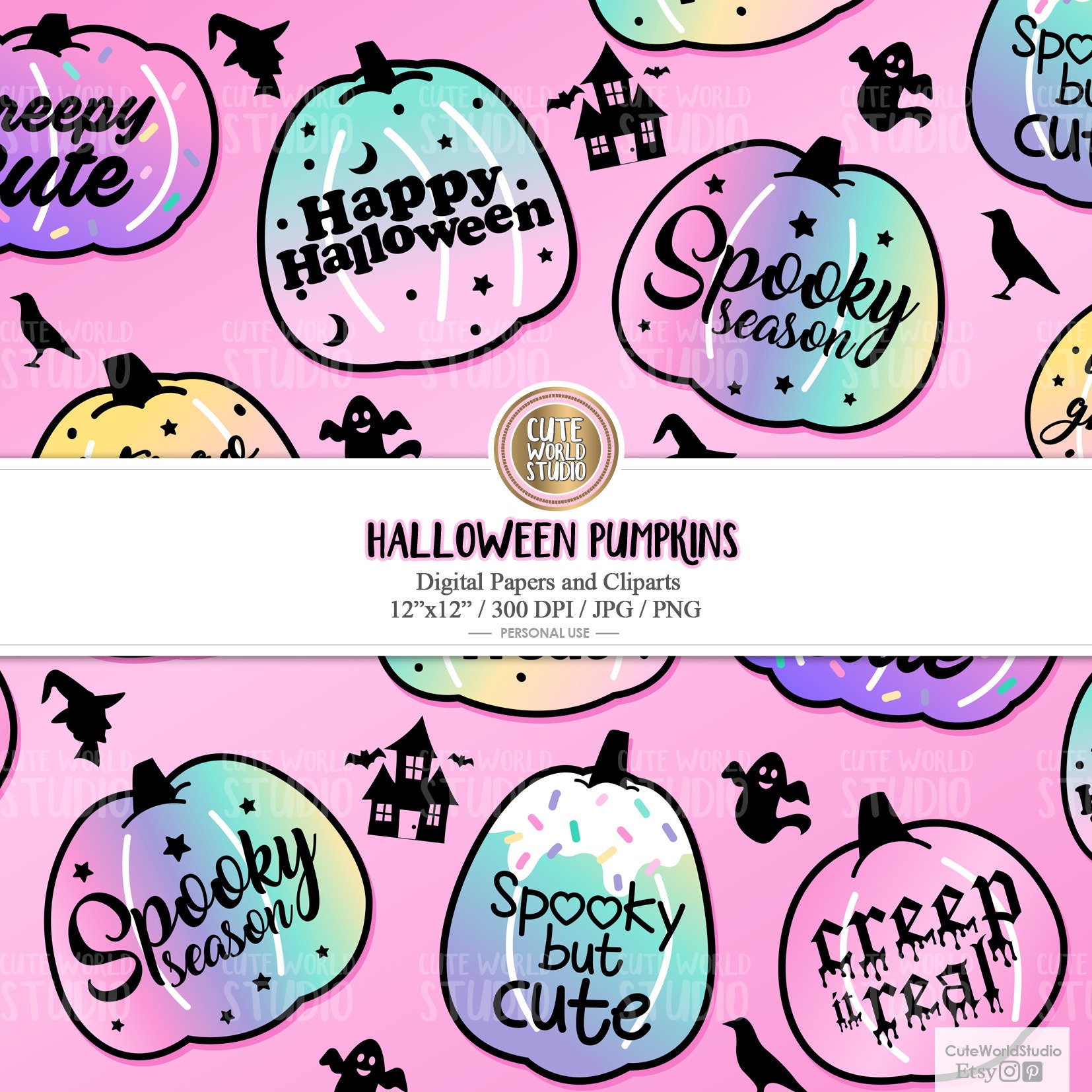 Halloween Pumpkins Pastel Cat Bat Witch Raven House - Etsy