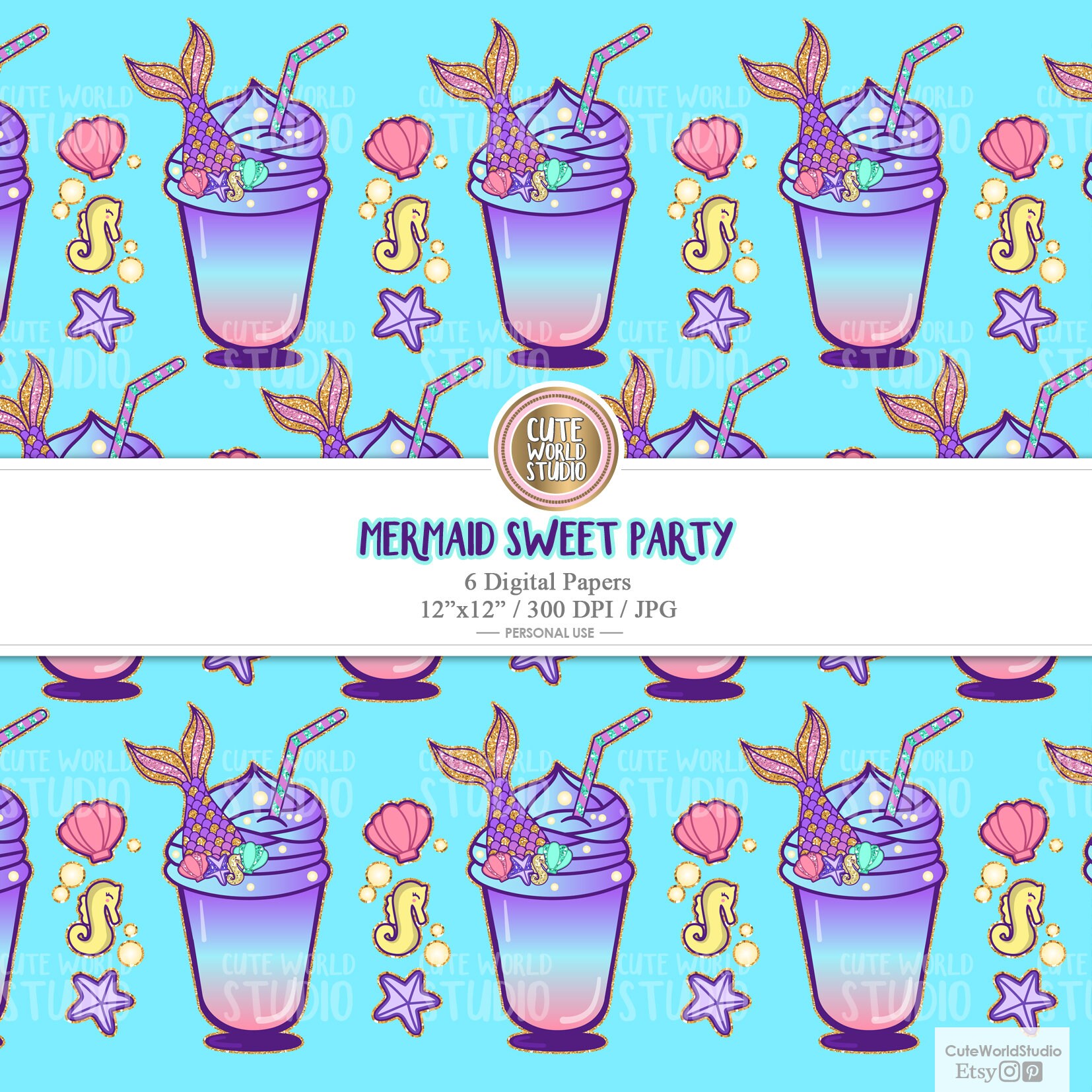 Mermaid Sweet Glitter Party Digital Paper and Clipart / - Etsy