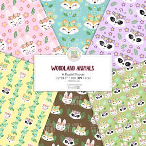 Woodland Animals Fox Raccoon Bunny Rabbit Digital Paper and Clipart ...