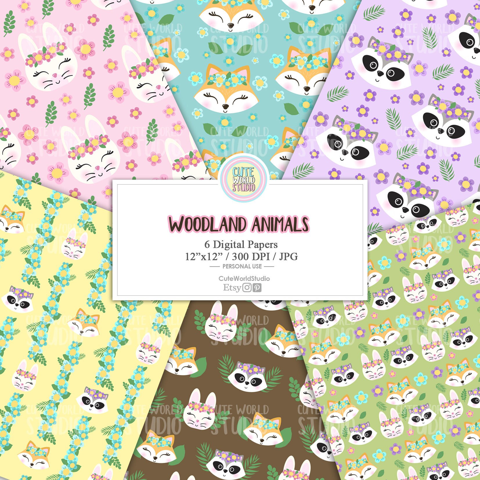 Woodland Animals Fox Raccoon Bunny Rabbit Digital Paper and - Etsy
