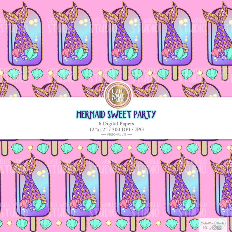 Mermaid Sweet Glitter Party Digital Paper and Clipart / | Etsy