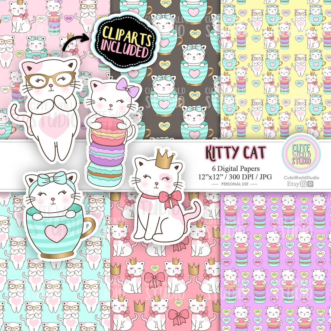 Kitty Cat Digital Paper and Clipart / Kitty Cat Glasses / Kitty Cat ...