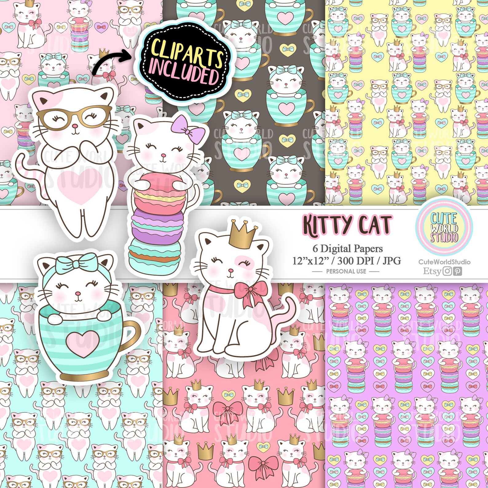Kitty Cat Digital Paper and Clipart / Kitty Cat Glasses / - Etsy