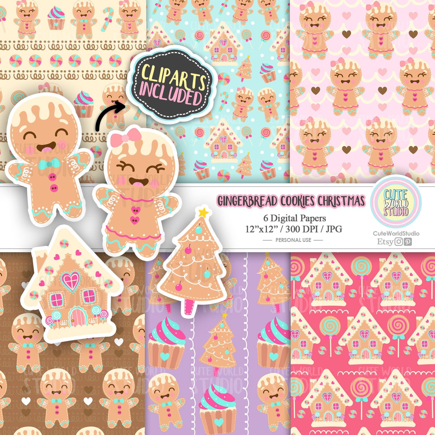Gingerbread Cookies Christmas Digital Papers and Cliparts / - Etsy