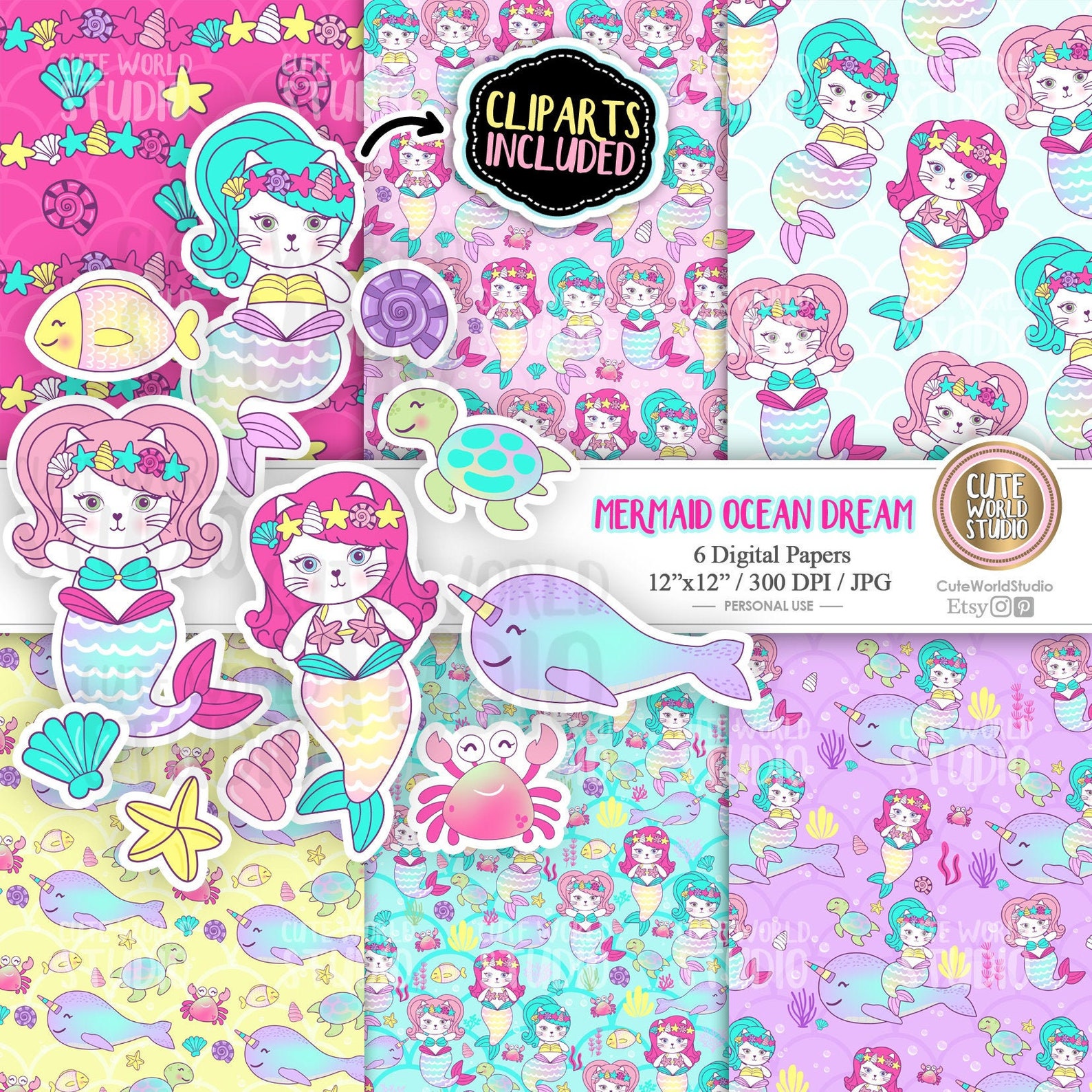 Kitty Cat Mermaid Ocean Dream Digital Paper and Clipart / - Etsy