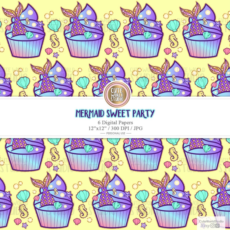 Mermaid Sweet Glitter Party Digital Paper and Clipart / | Etsy